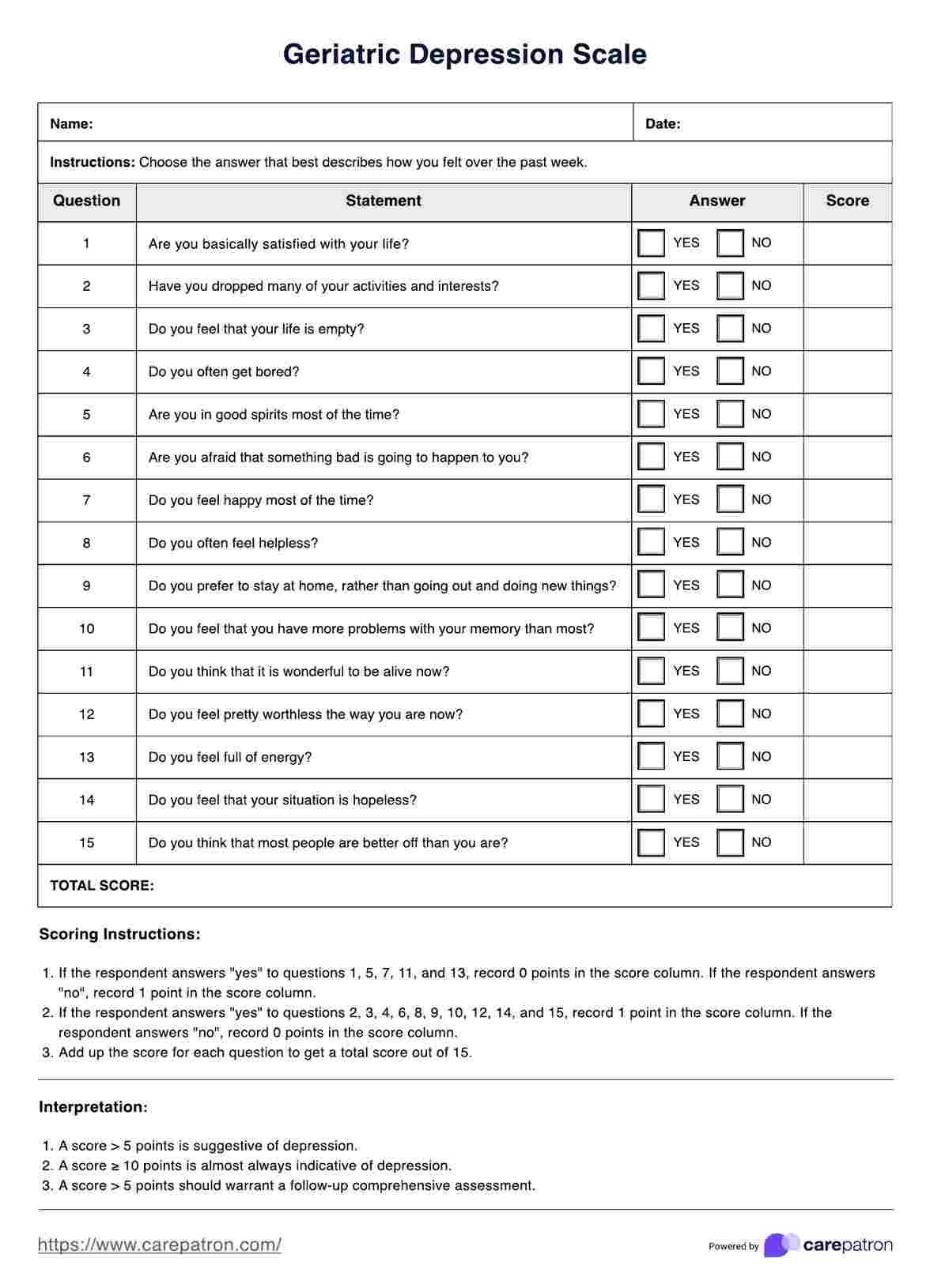 Geriatric Depression Scale Scoring Example Free PDF Download