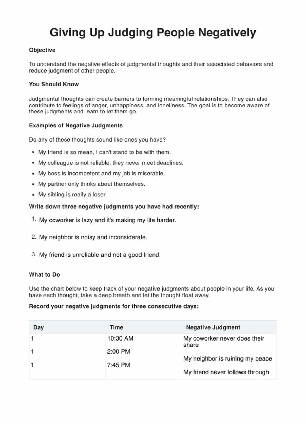 Giving Up Judging People Negatively DBT Worksheet & Example | Free PDF Download