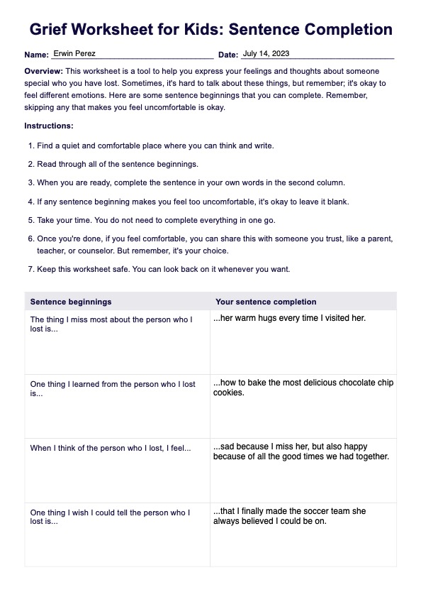 Grief Worksheet for Kids & Example | Free PDF Download