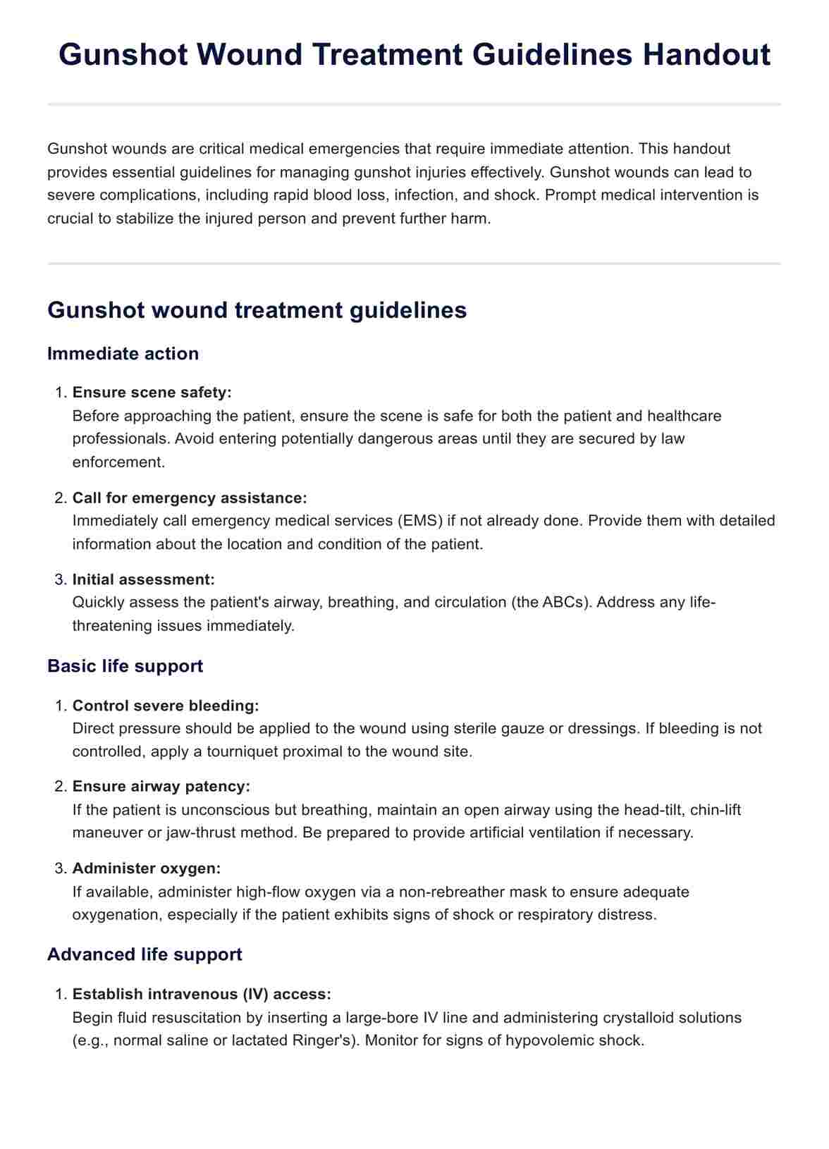Gunshot Wound Treatment Guidelines Handout & Example | Free PDF Download