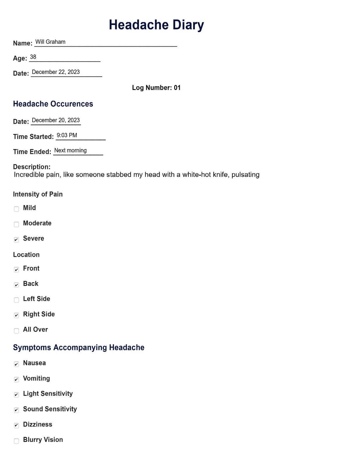 Headache Diary & Example | Free PDF Download