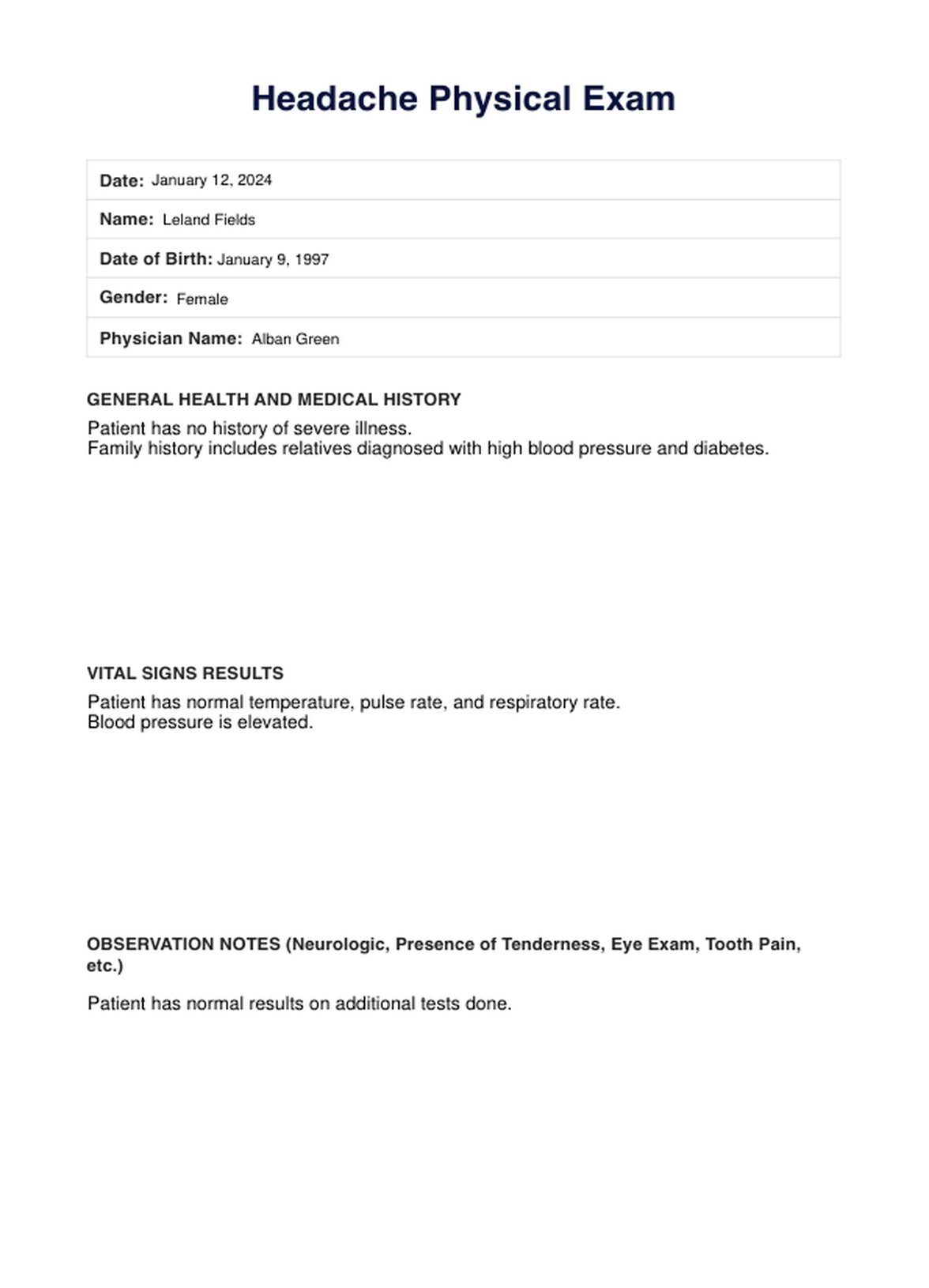 Headache physical examination & example | Free PDF Download