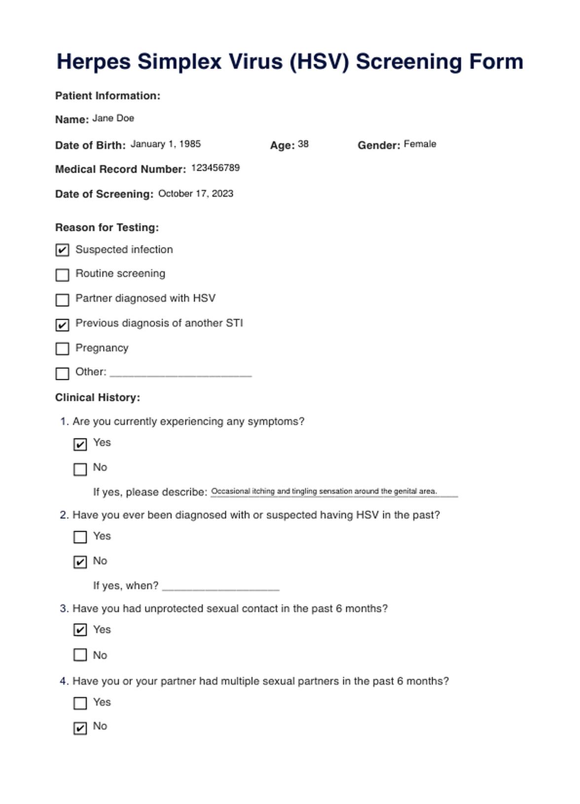 Herpes (HSV) Test & Example | Free PDF Download