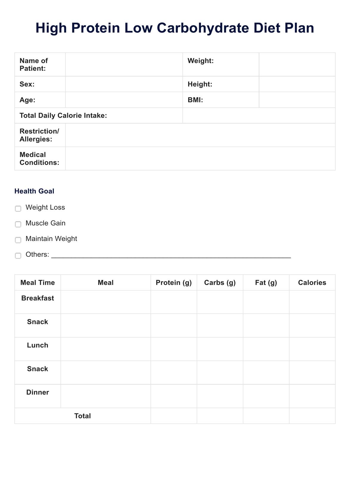 High Protein Low Carb Diet Plan Template & Example | Free PDF Download