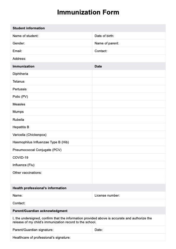 Immunization Form Immunization Form