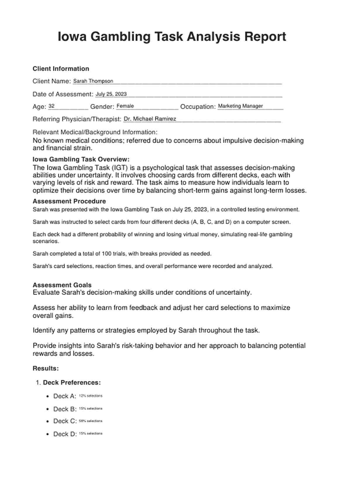 Iowa Gambling Task (IGT) & Example | Free PDF Download