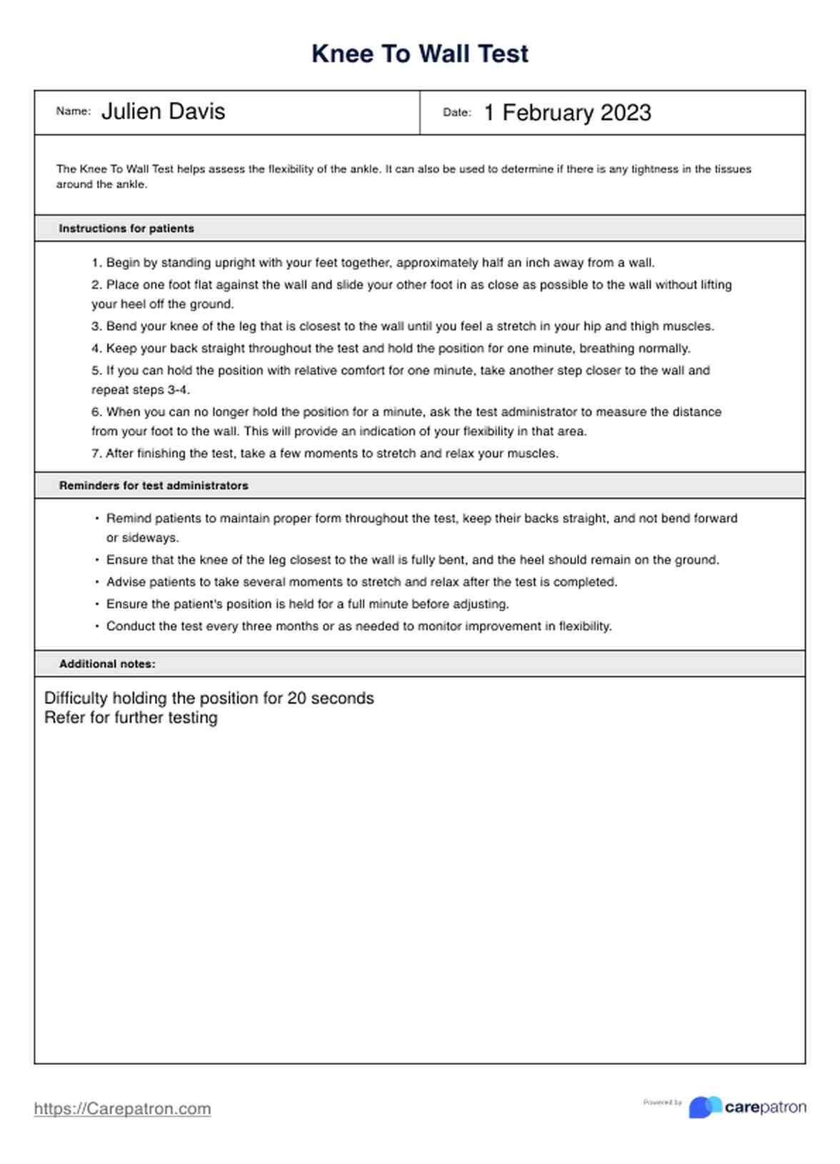 Knee To Wall Test & Example | Free PDF Download