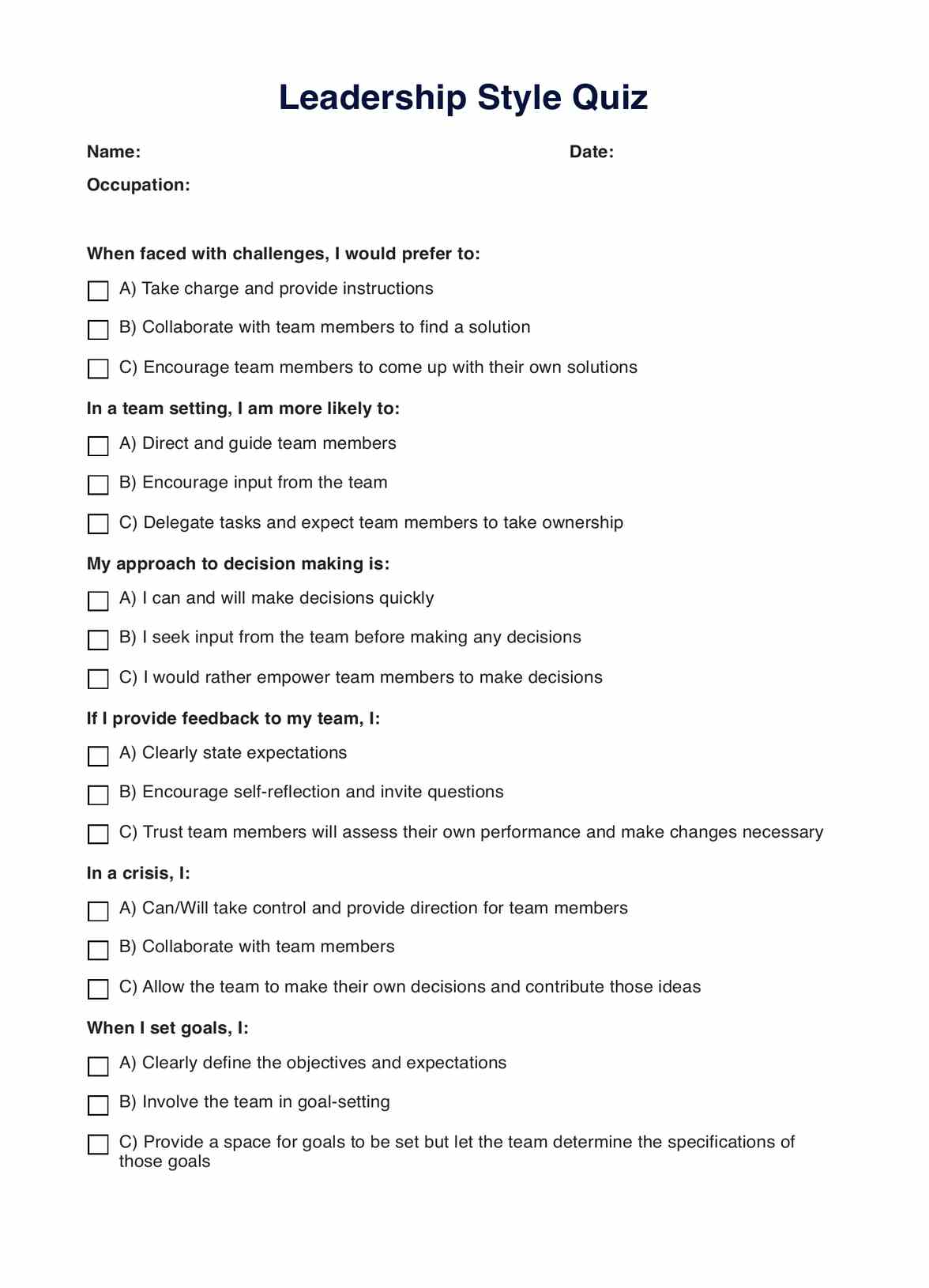 Leadership Assessment Example Free PDF Download