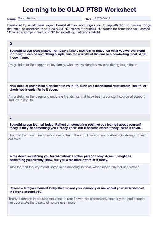 Learning to Be GLAD PTSD Worksheet & Example | Free PDF Download
