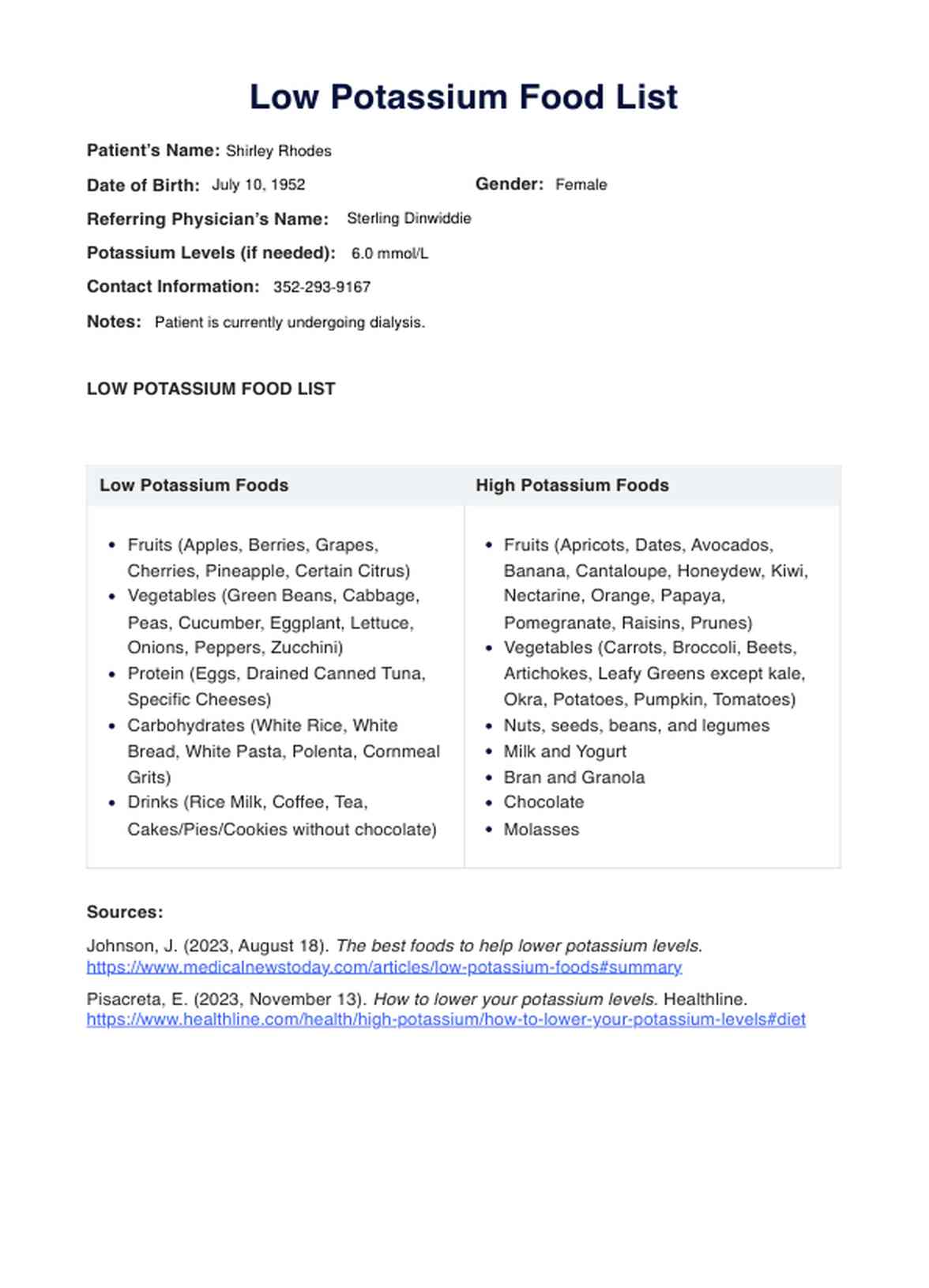 Low potassium food list & Example | Free PDF Download