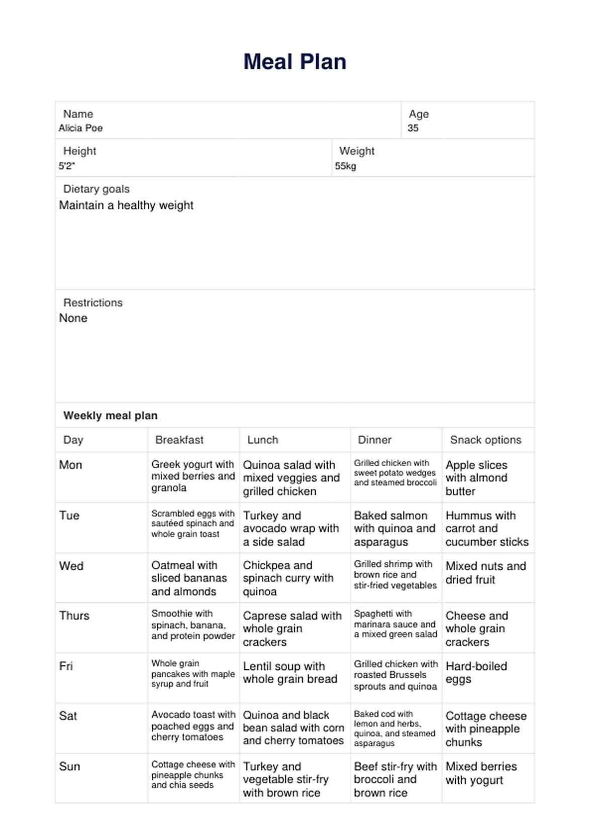 Meal Plan Template Example Free PDF Download Meal Plan Template Example Free PDF Download