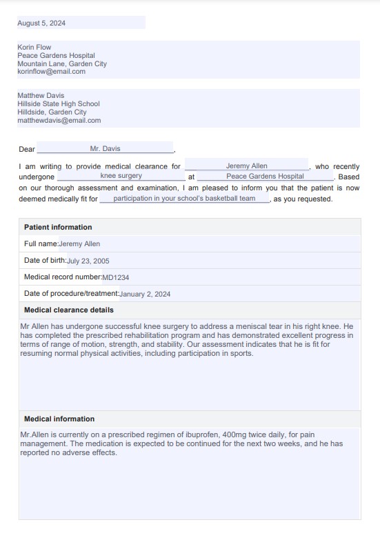 Medical Clearance Letter Example Free PDF Download