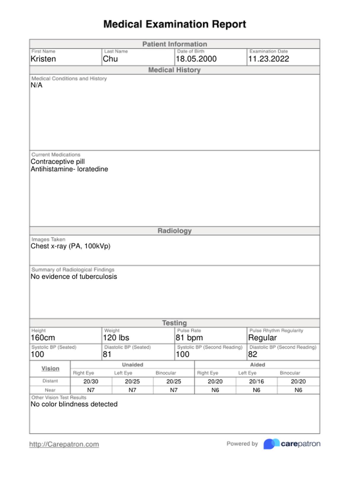 Medical Examination Report Template Free PDF Download