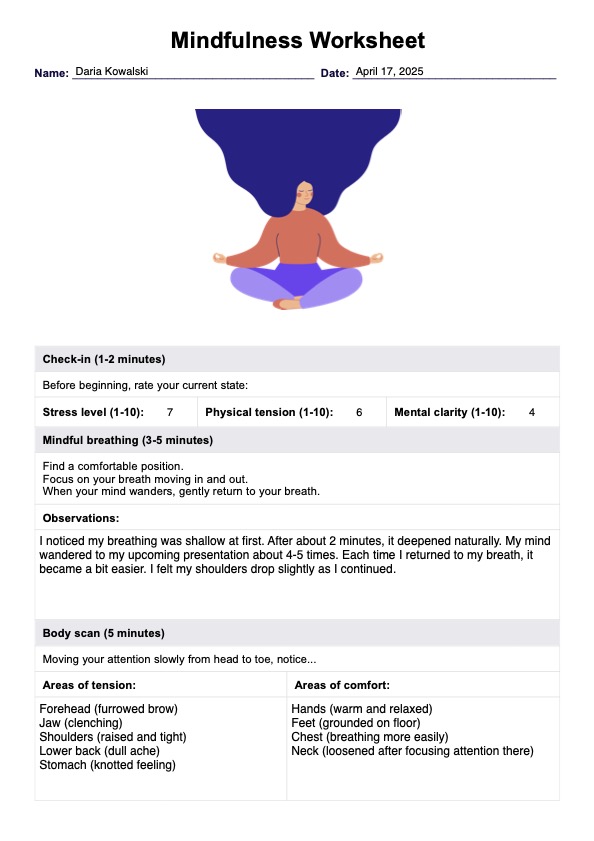 Mindfulness Worksheet & Example | Free PDF Download