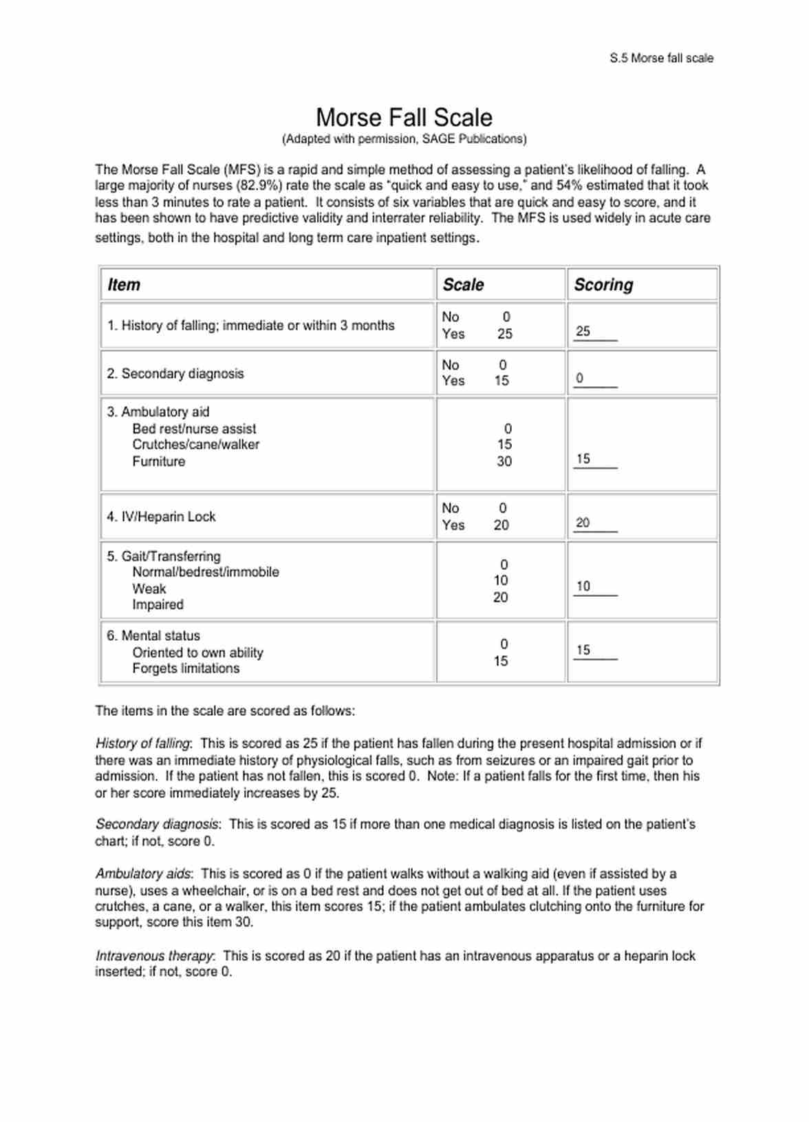 Morse Fall Scale & Example | Free PDF Download
