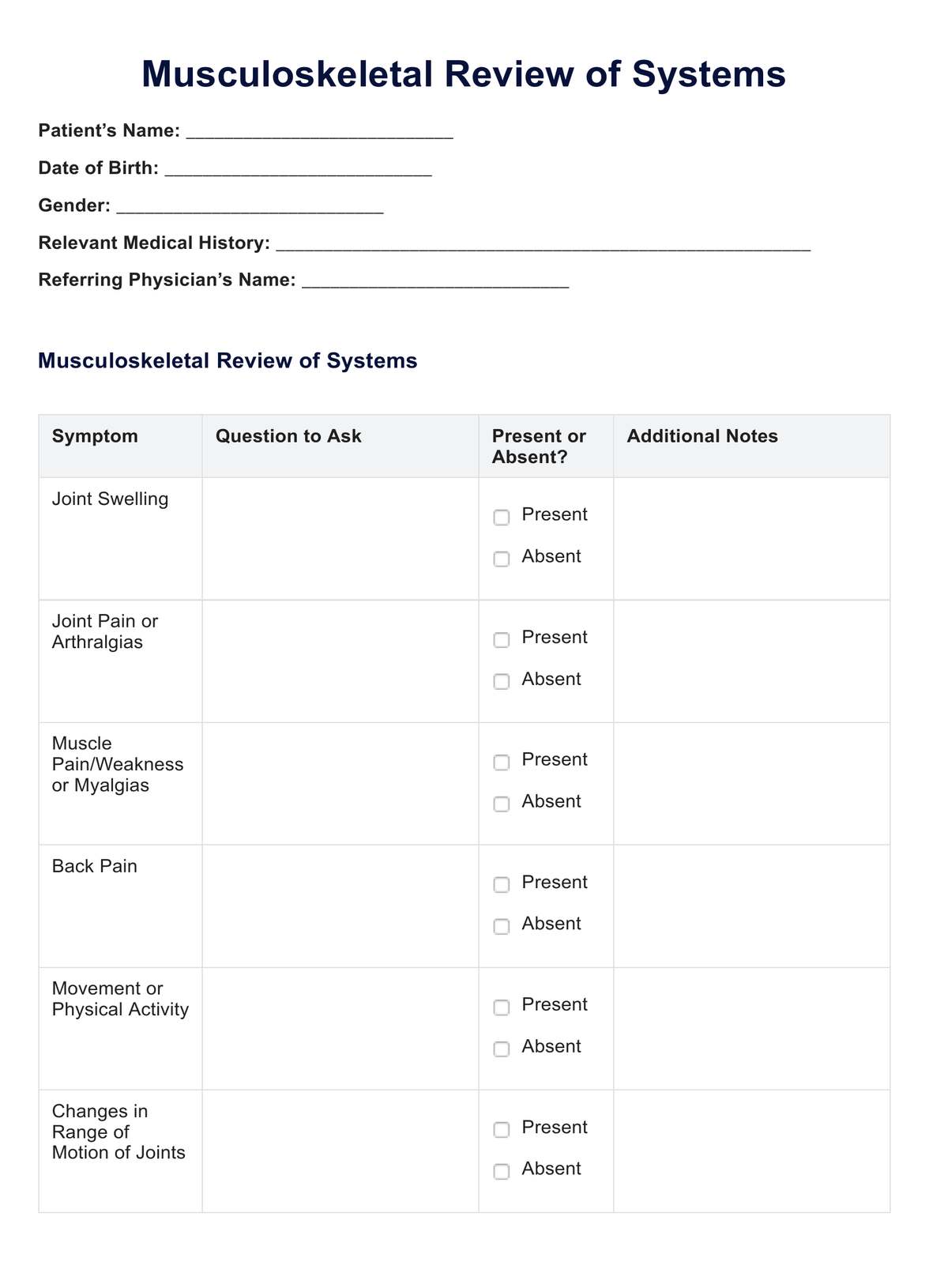 Musculoskeletal Review Of Systems
