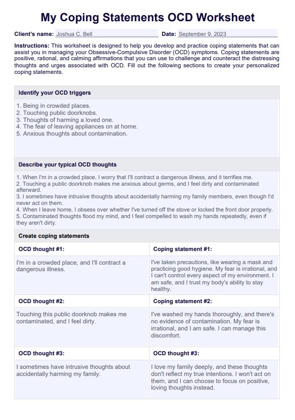 My Coping Statements OCD Worksheet & Example | Free PDF Download