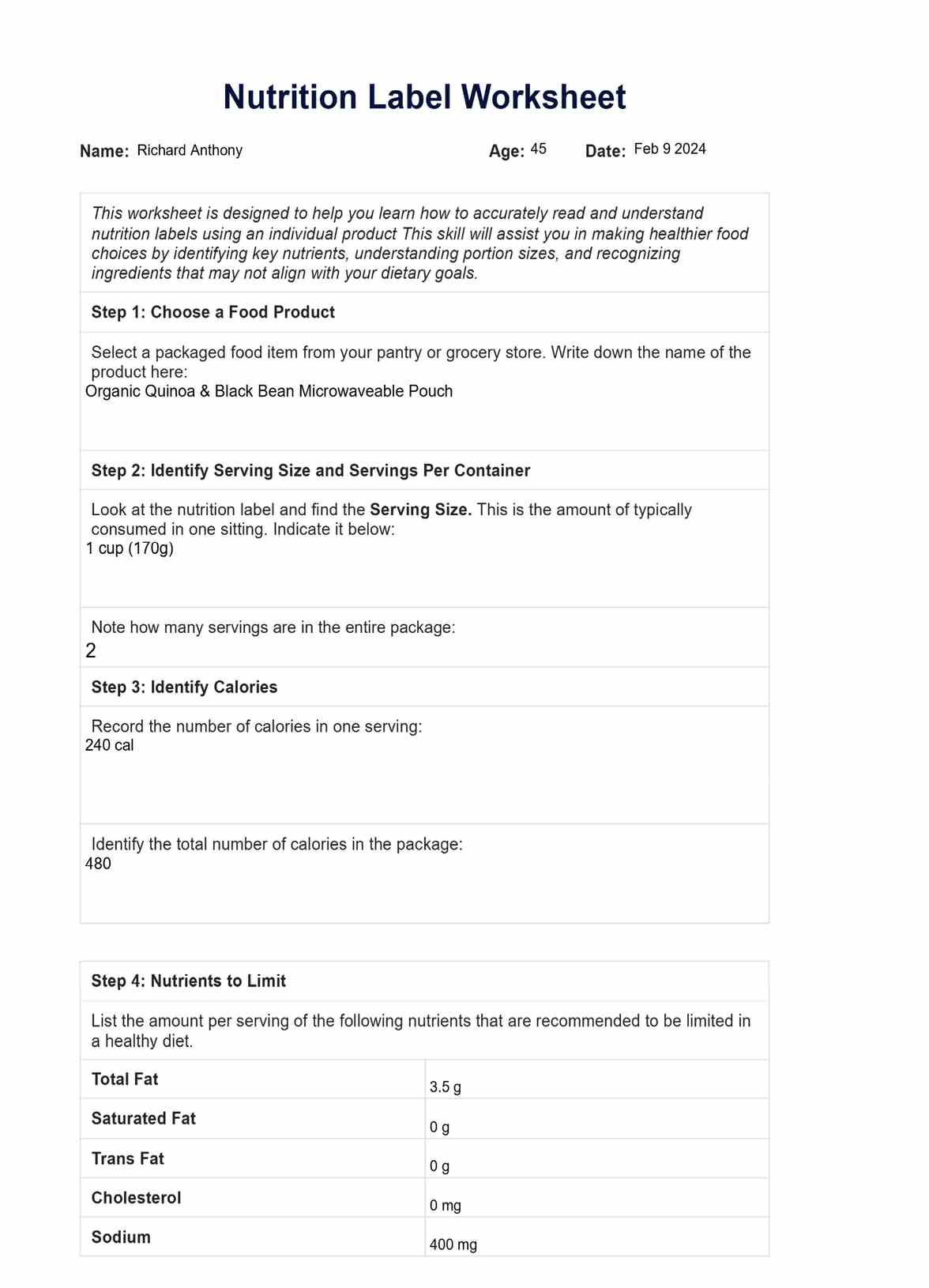 Nutrition Label Worksheet & Example | Free PDF Download