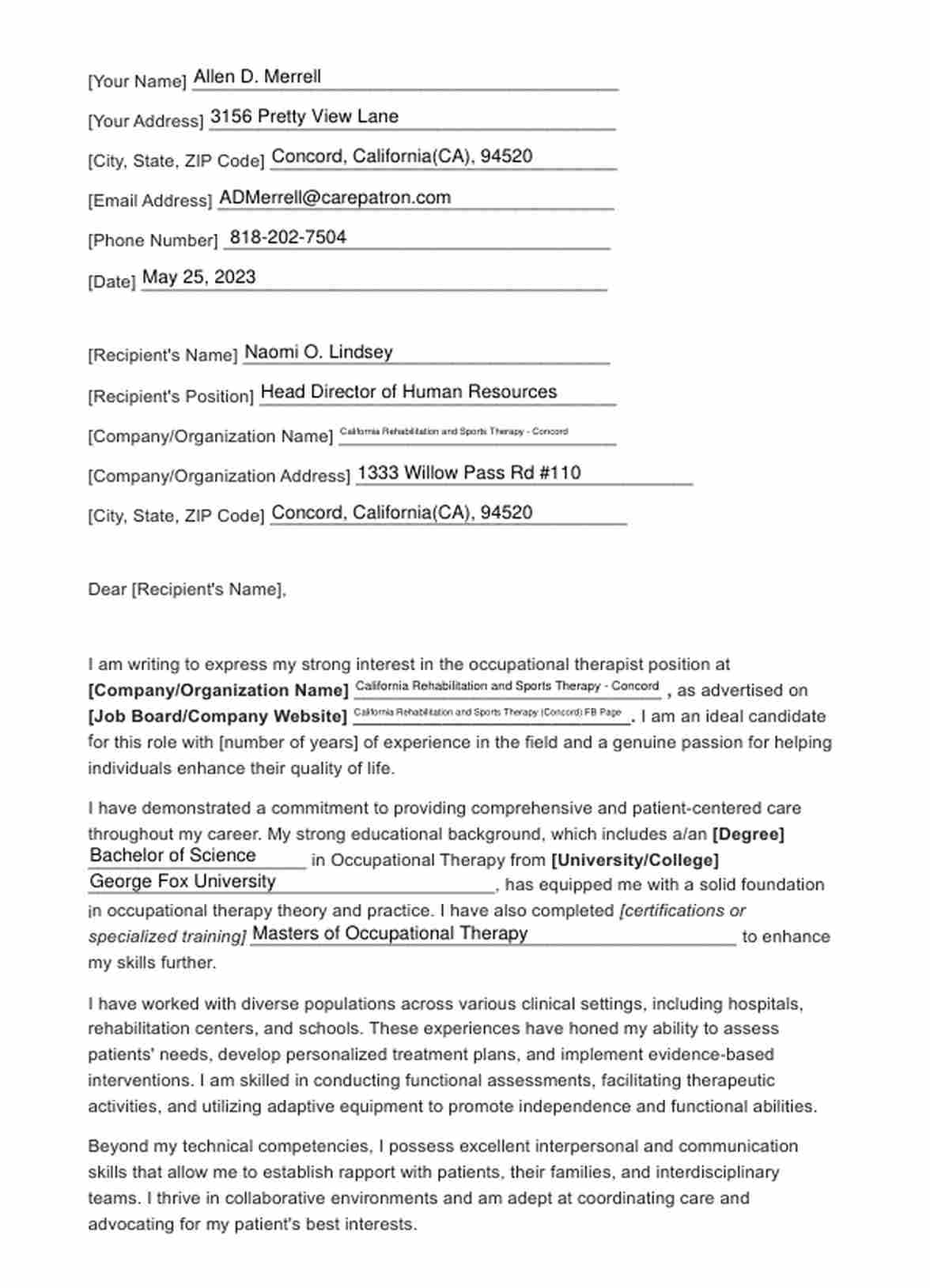 Occupational Therapy Cover Letter Template & Example | Free PDF Download