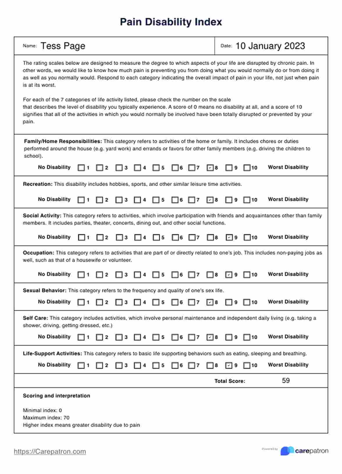 Pain Disability Index & Example | Free PDF Download