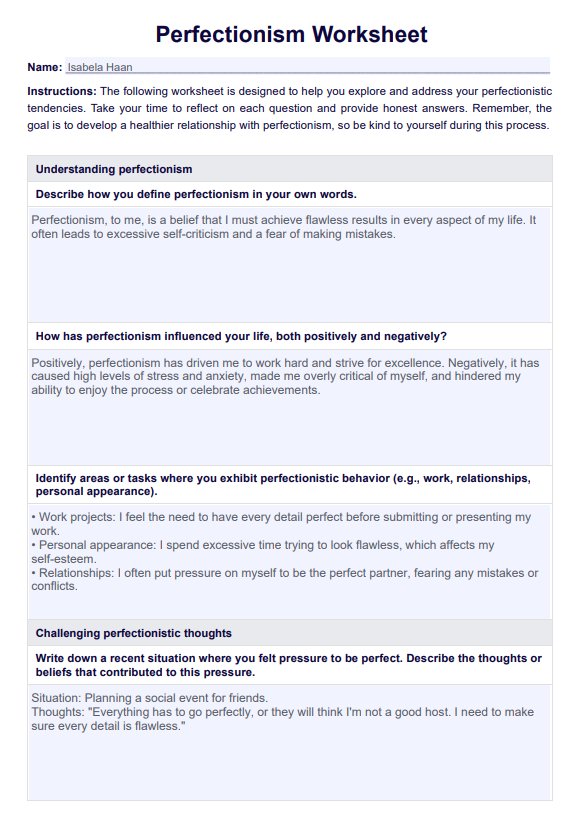Perfectionism Worksheet & Example | Free PDF Download
