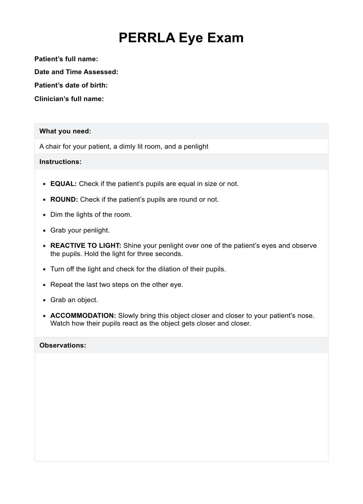 PERRLA Eye Exam & Example | Free PDF Download