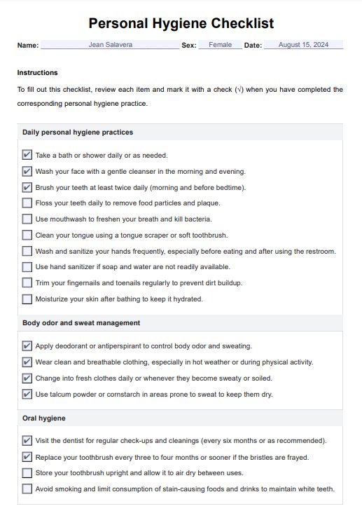 Personal Hygiene Checklist Example Free PDF Download Personal Hygiene Checklist Example Free PDF Download