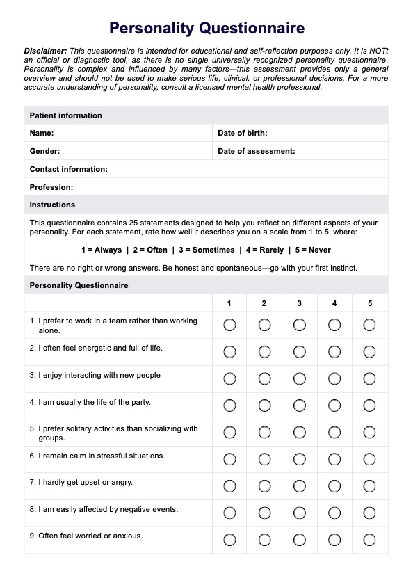 Personality Questionnaire Personality Questionnaire