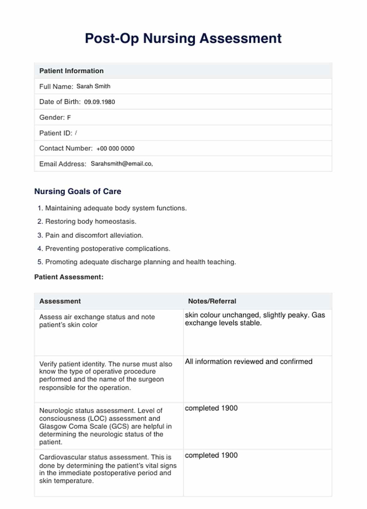 Post-Op Nursing Assessment & Example | Free PDF Download