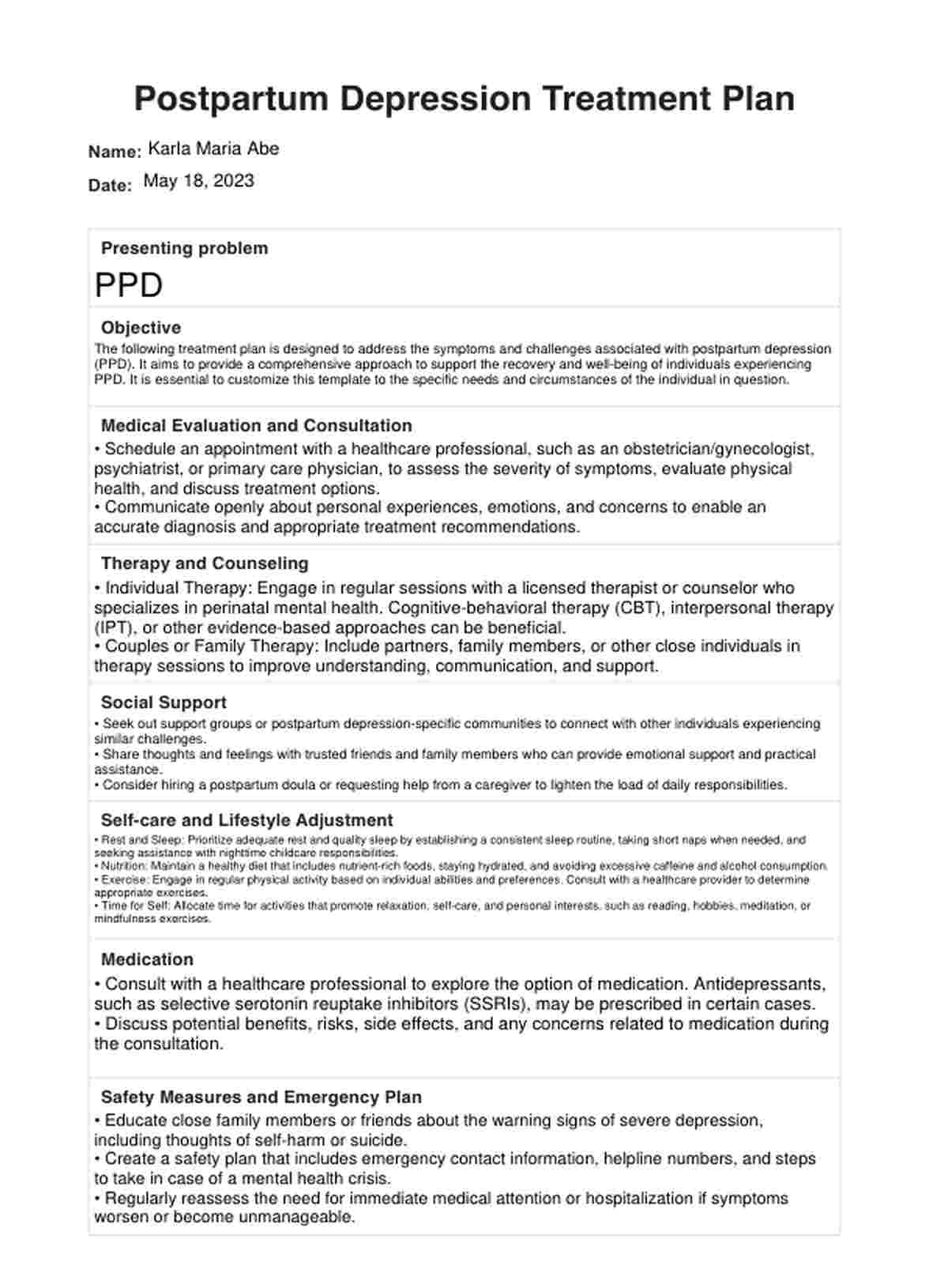 Postpartum Depression Treatment Plans Example Free PDF Download