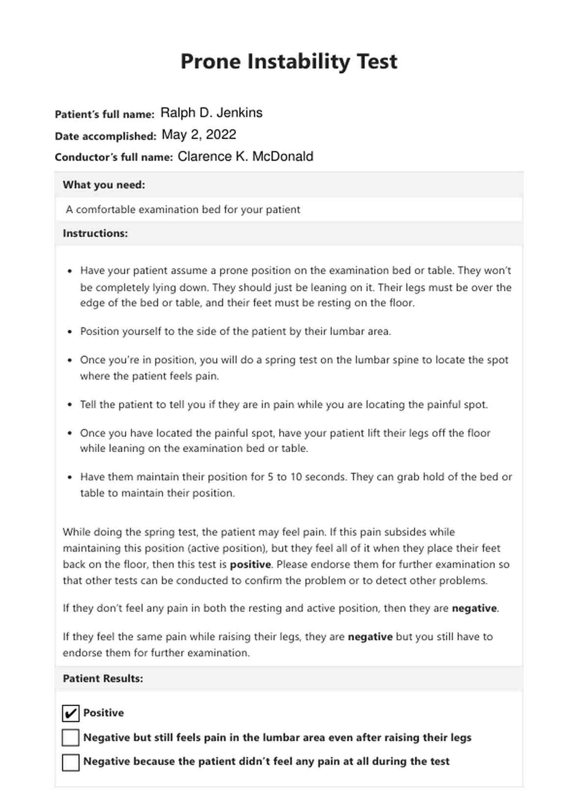 Prone Instability Test & Example | Free PDF Download