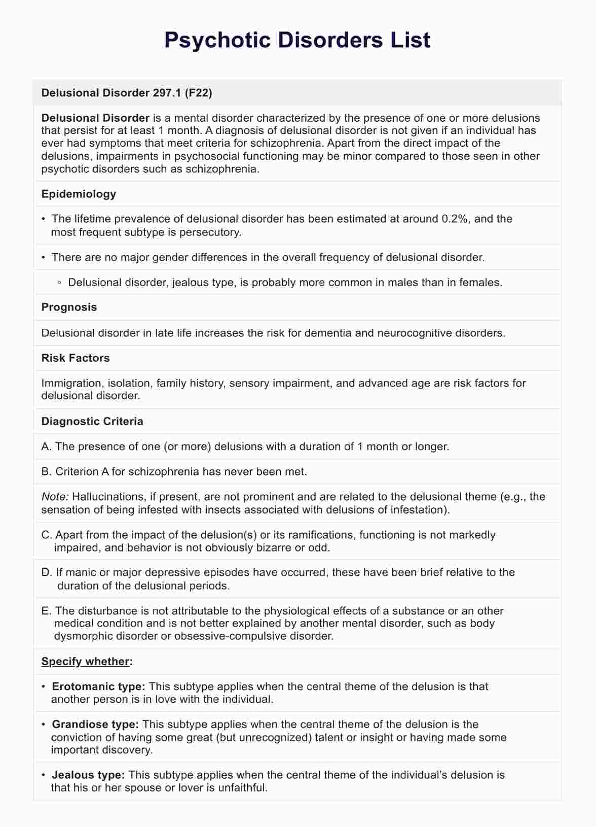Psychotic Disorders List & Example | Free PDF Download