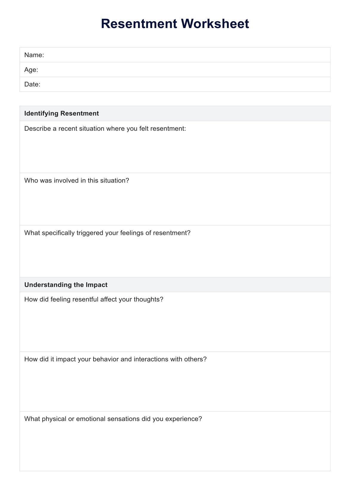 Letting Go Of Resentment Worksheet & Example | Free PDF Download