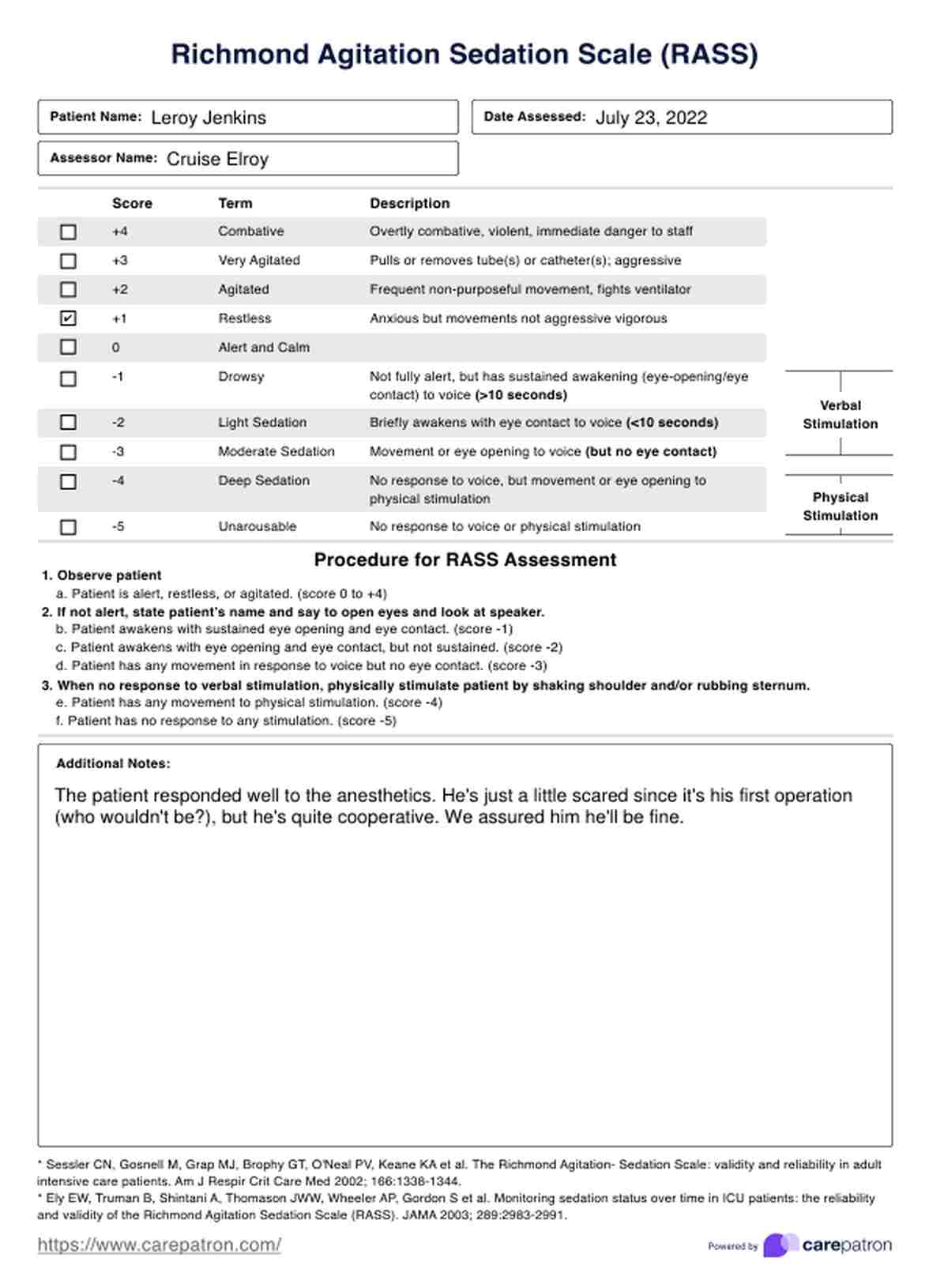 Richmond Agitation Sedation Scale (RASS) & Example | Free PDF Download