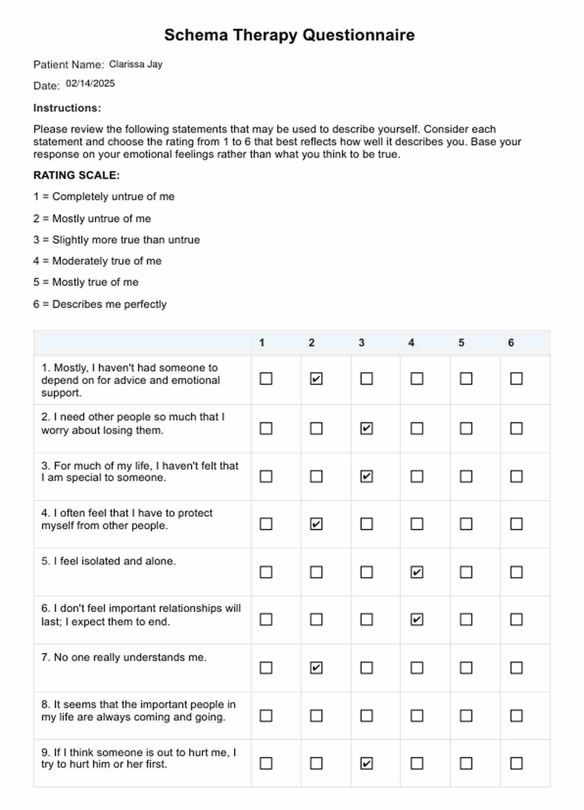 Schema Therapy Questionnaire & Example | Free PDF Download