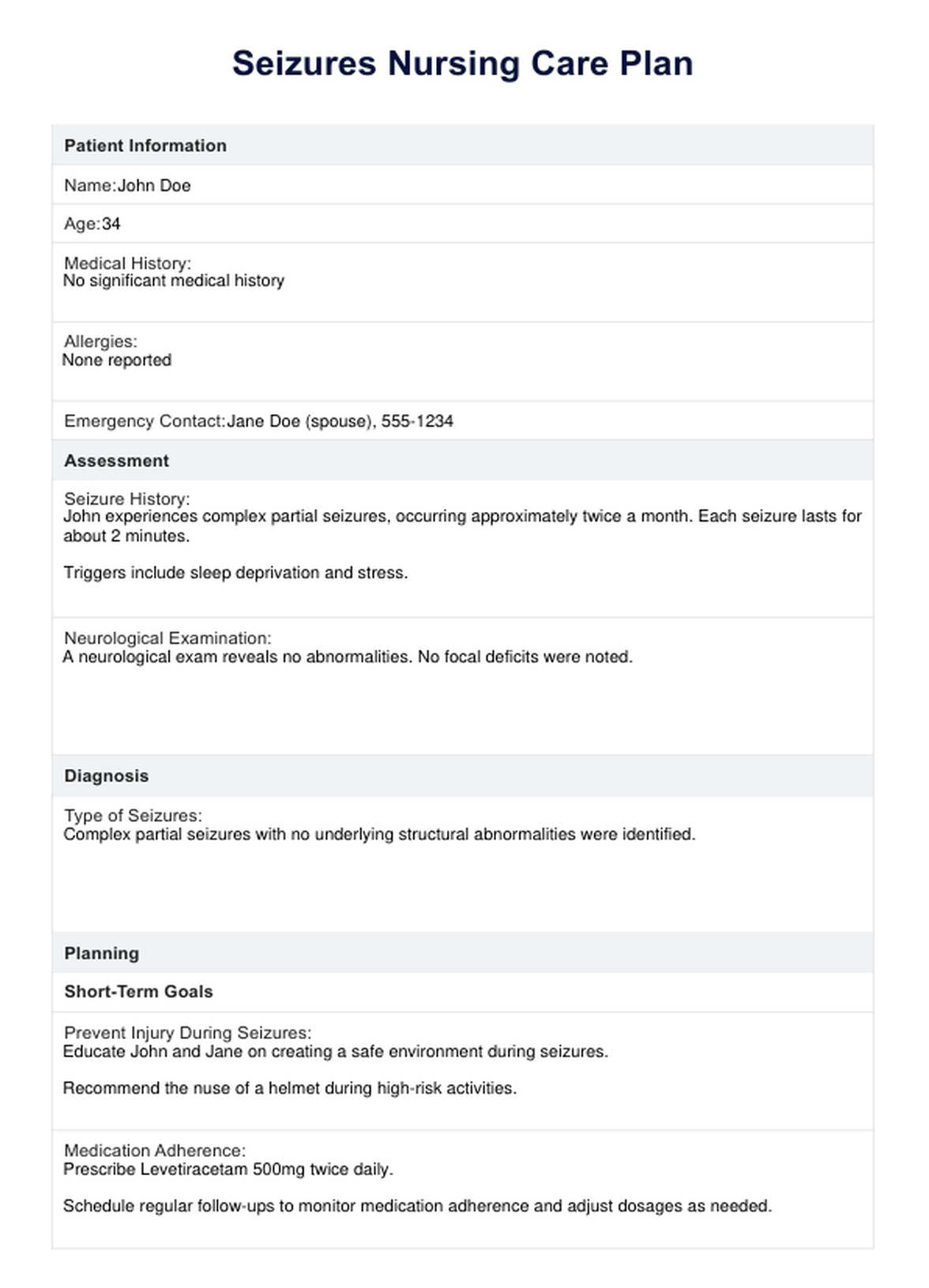 Seizures Nursing Care Plan Template & Example | Free PDF Download