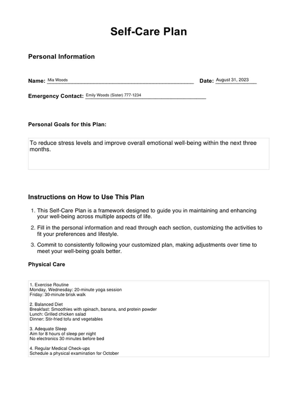Self Care Plan Template Example Free PDF Download Self Care Plan Template Example Free PDF Download