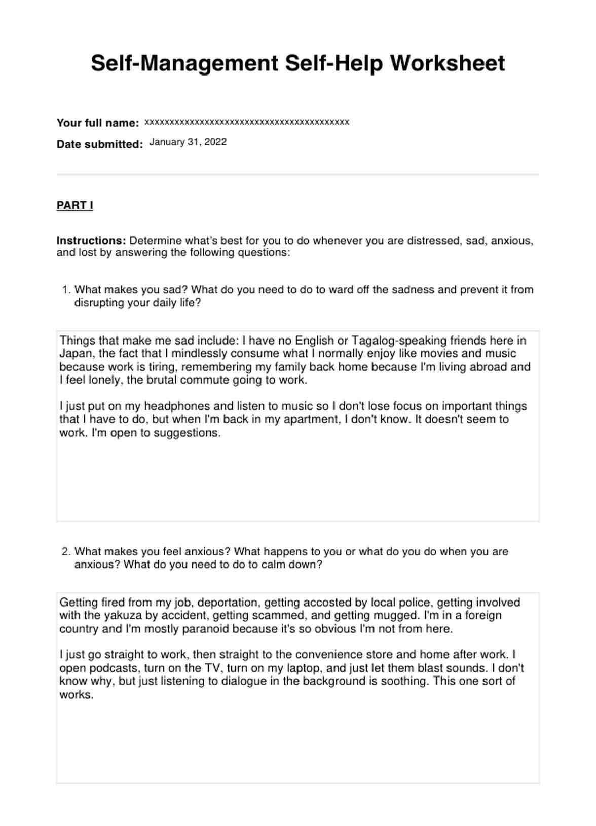 Self-Management Self-Help Worksheet & Example | Free PDF Download