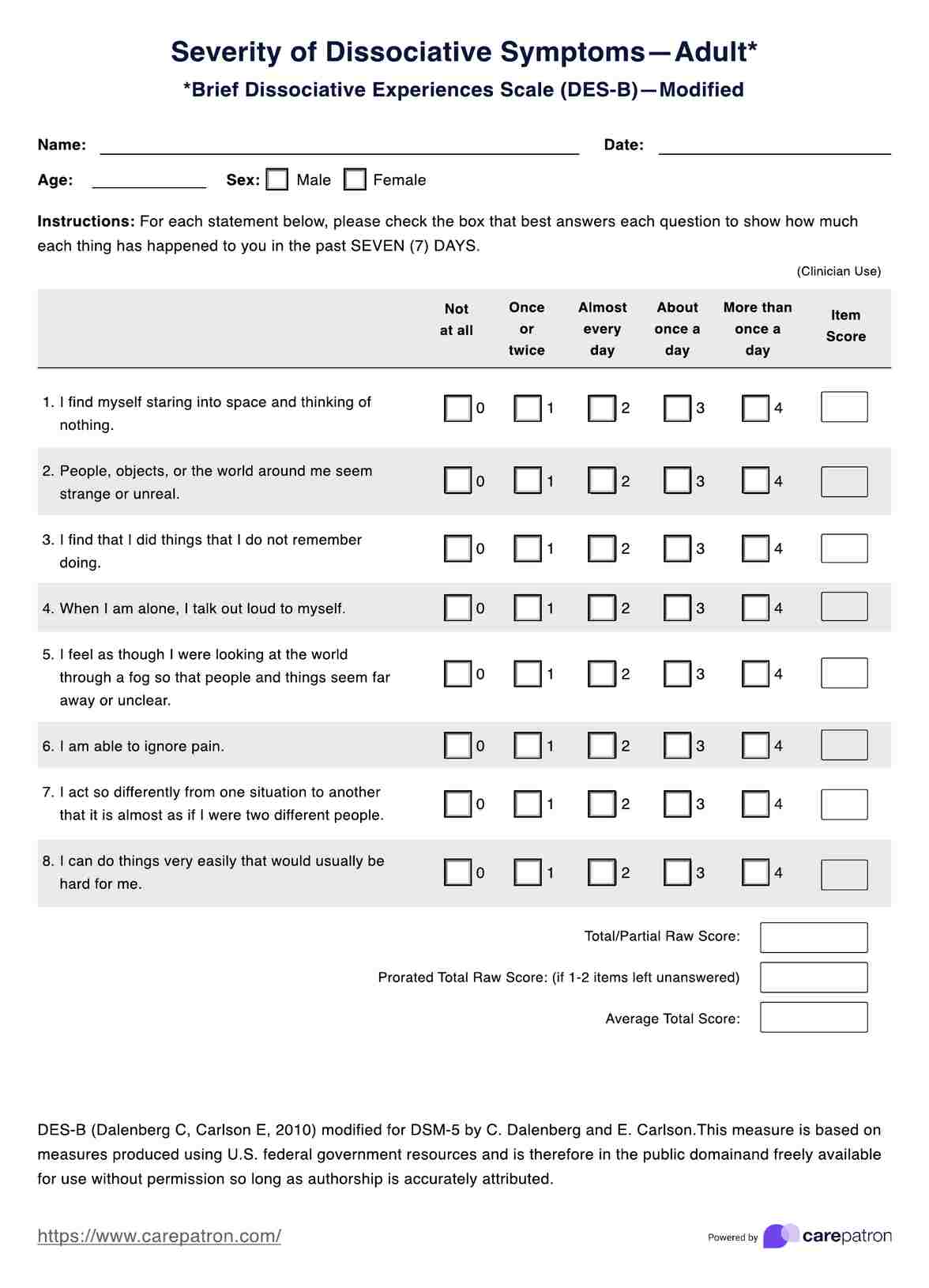 Dissociative Experiences Scale (DES) & Example | Free PDF Download