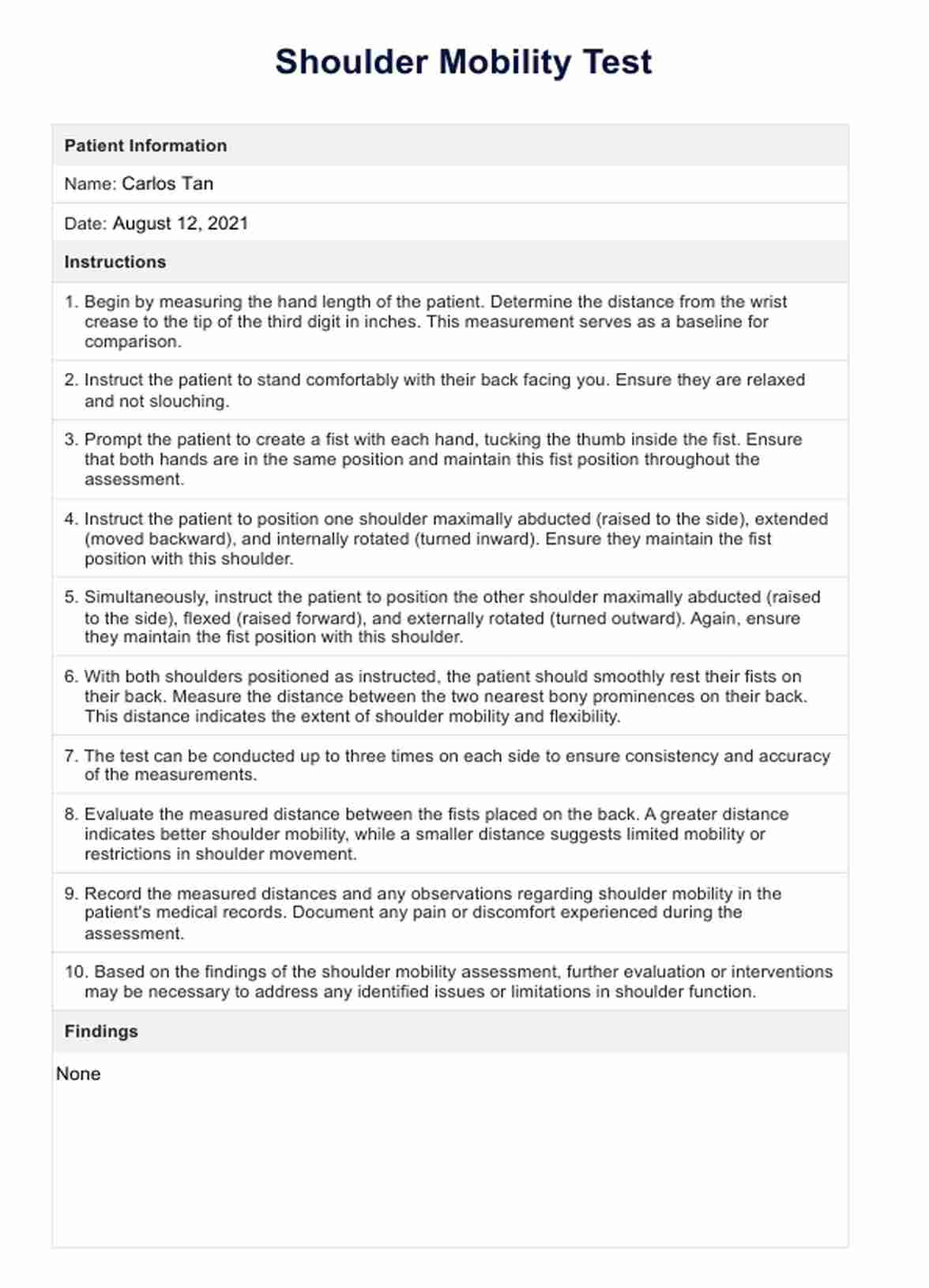 Prueba de movilidad de hombro | Ejemplo PDF | Carepatron
