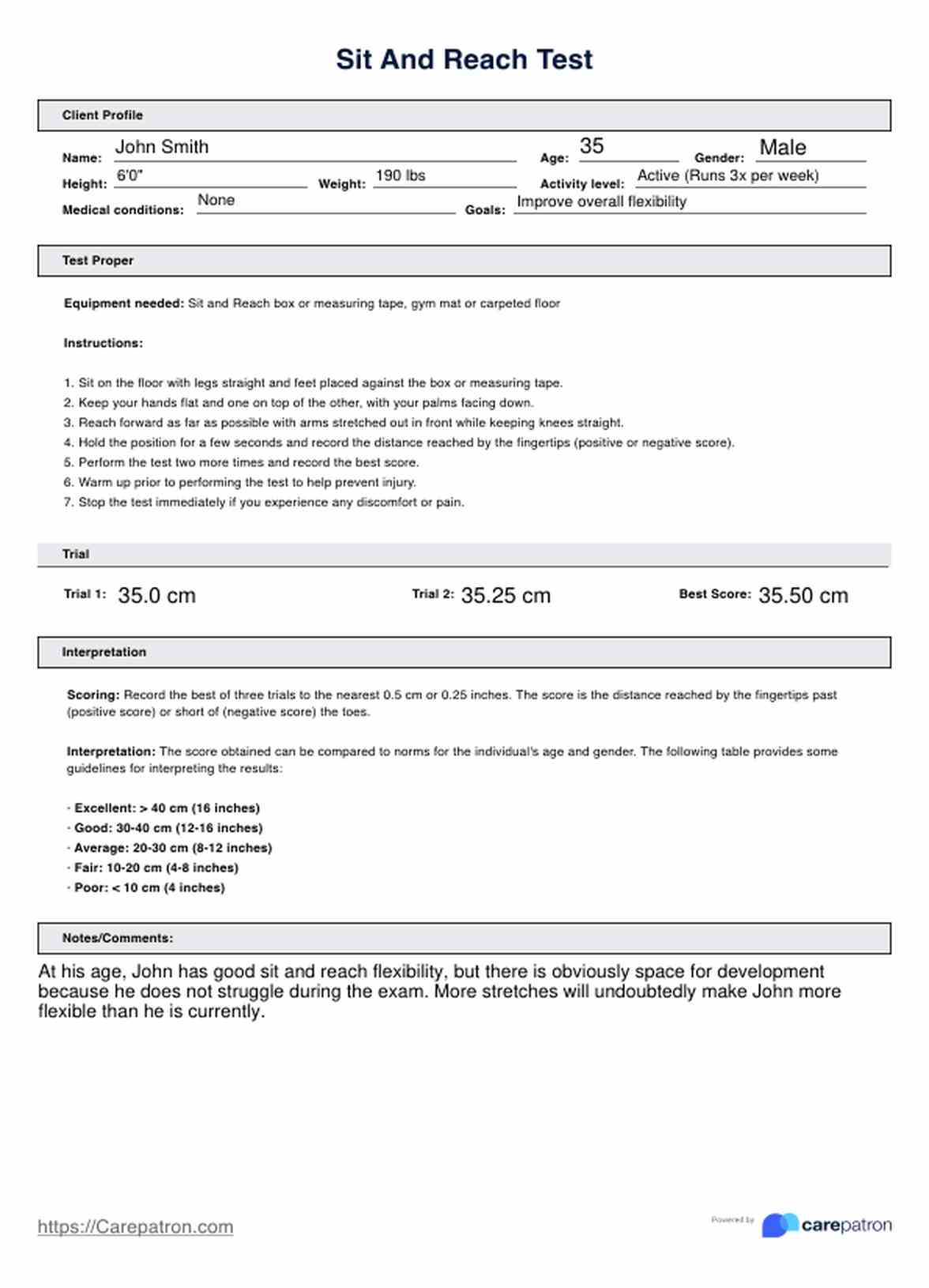 Prueba de sit and reach | Ejemplo PDF | Carepatron