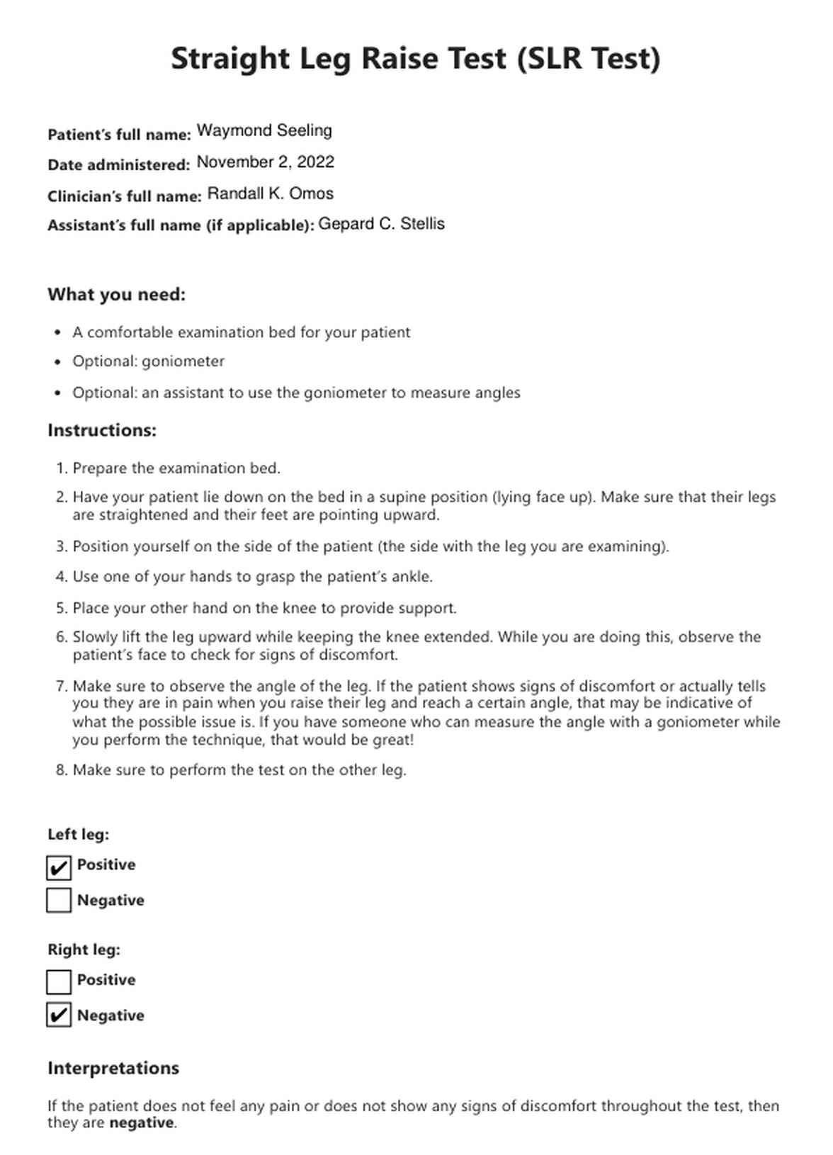 Straight Leg Raise Test (SLR Test) & Example | Free PDF Download