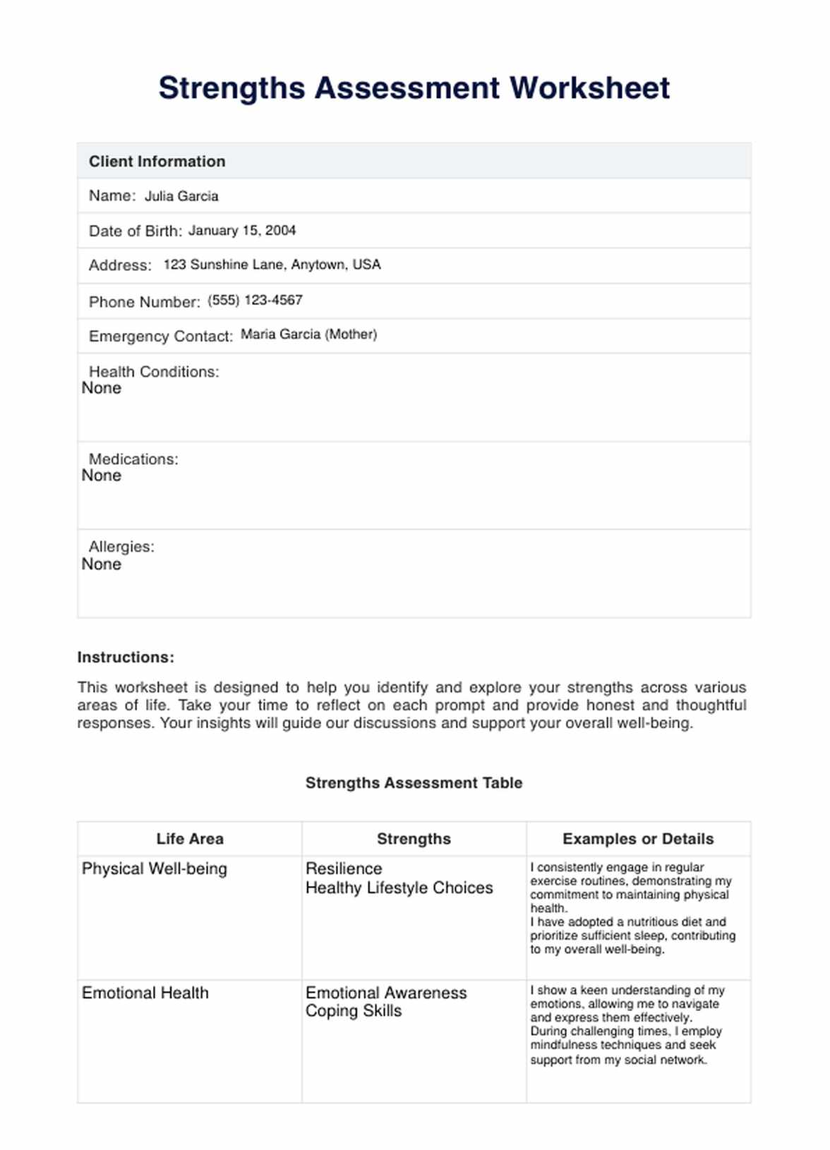 Strengths Assessment Worksheet Example Free PDF Download Strengths Assessment Worksheet Example Free PDF Download
