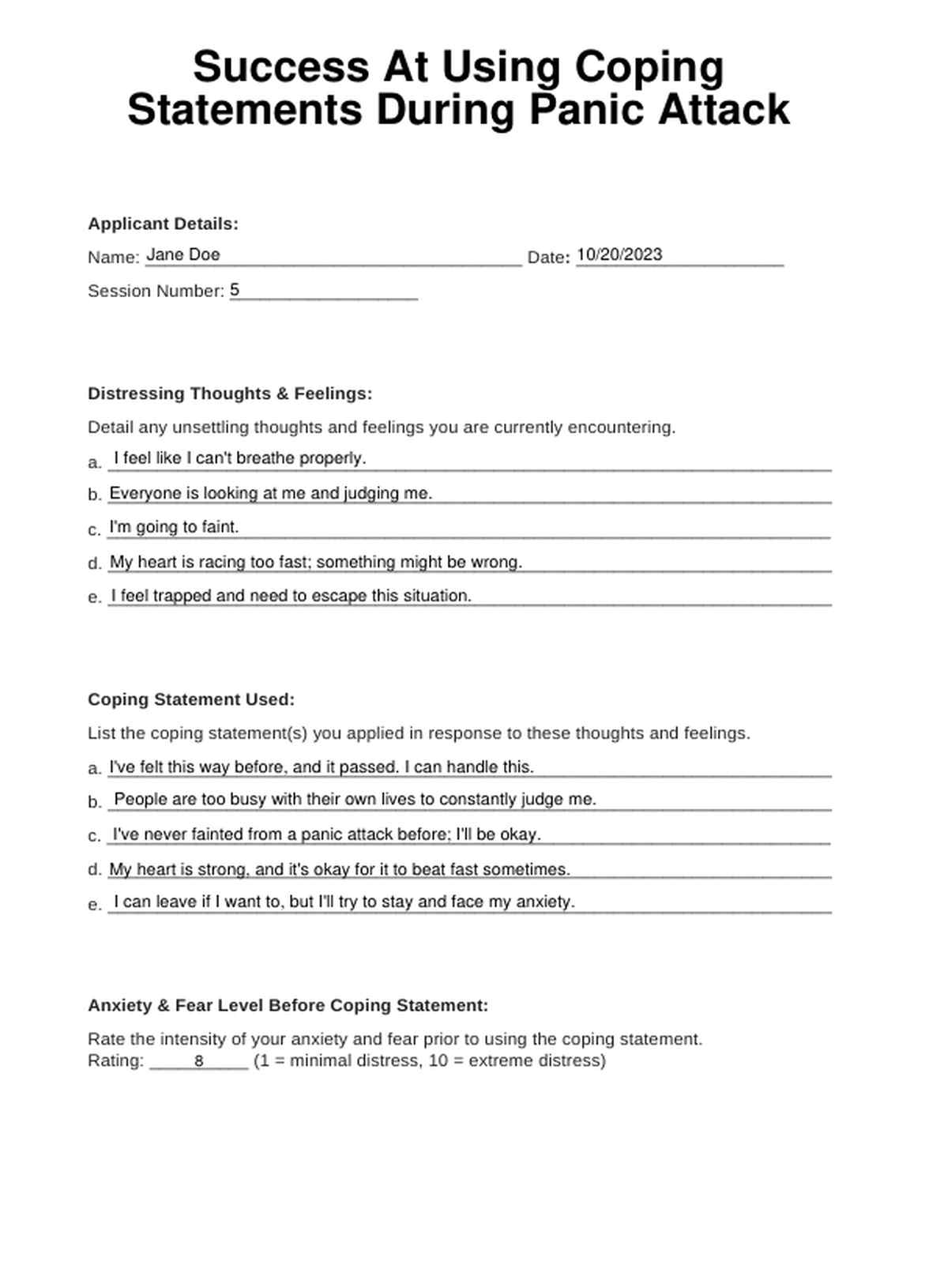 Success of Coping Statements Panic Attack Worksheet & Example | Free ...
