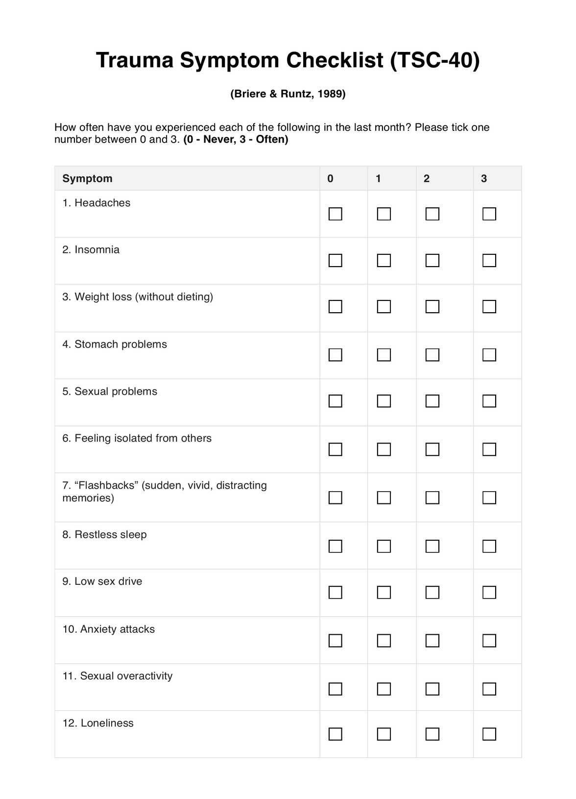 Trauma Symptom Checklist TSC 40 Trauma Symptom Checklist TSC 40