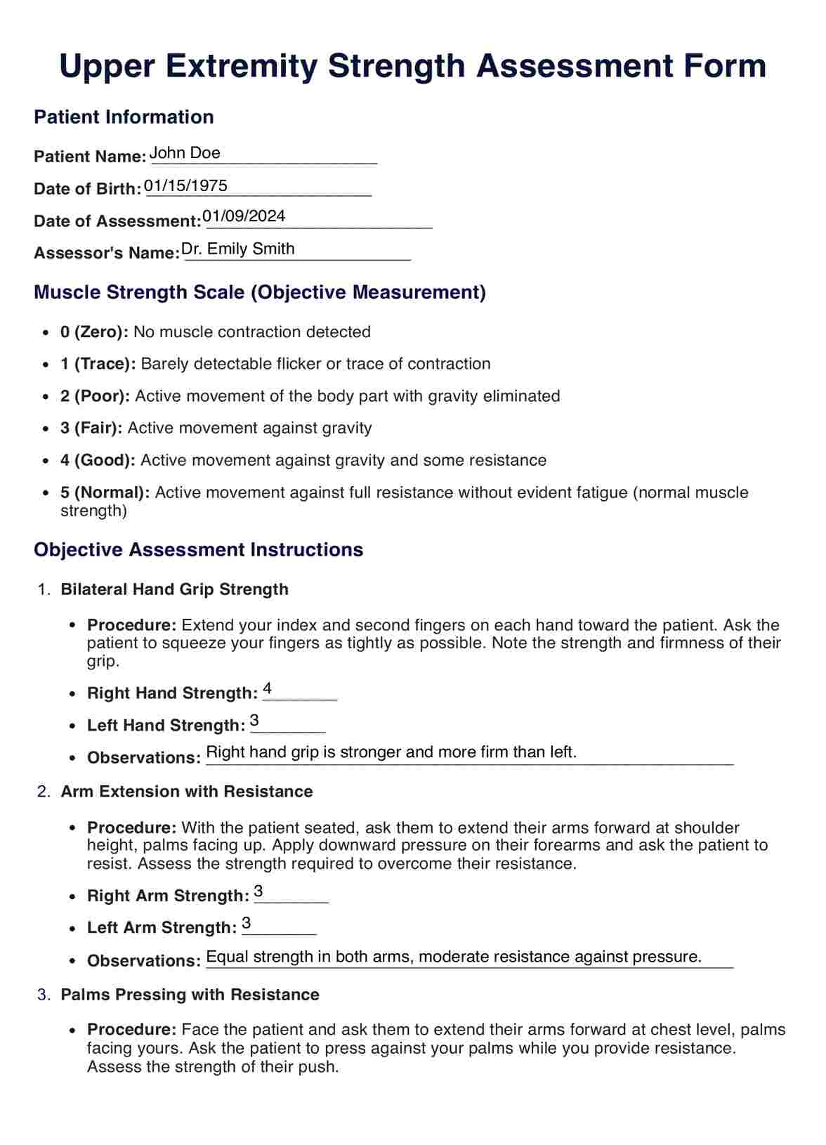 Upper extremity strength assessment & Example | Free PDF Download