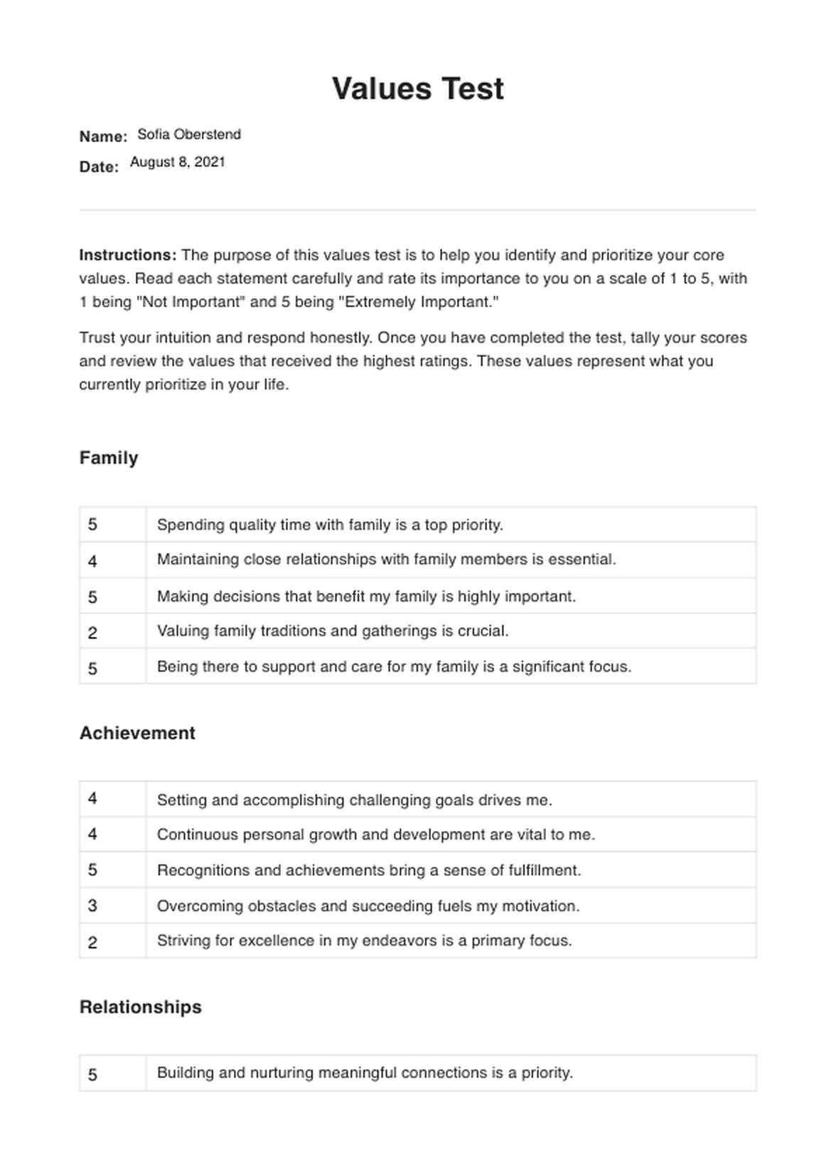 Values Test & Example | Free PDF Download