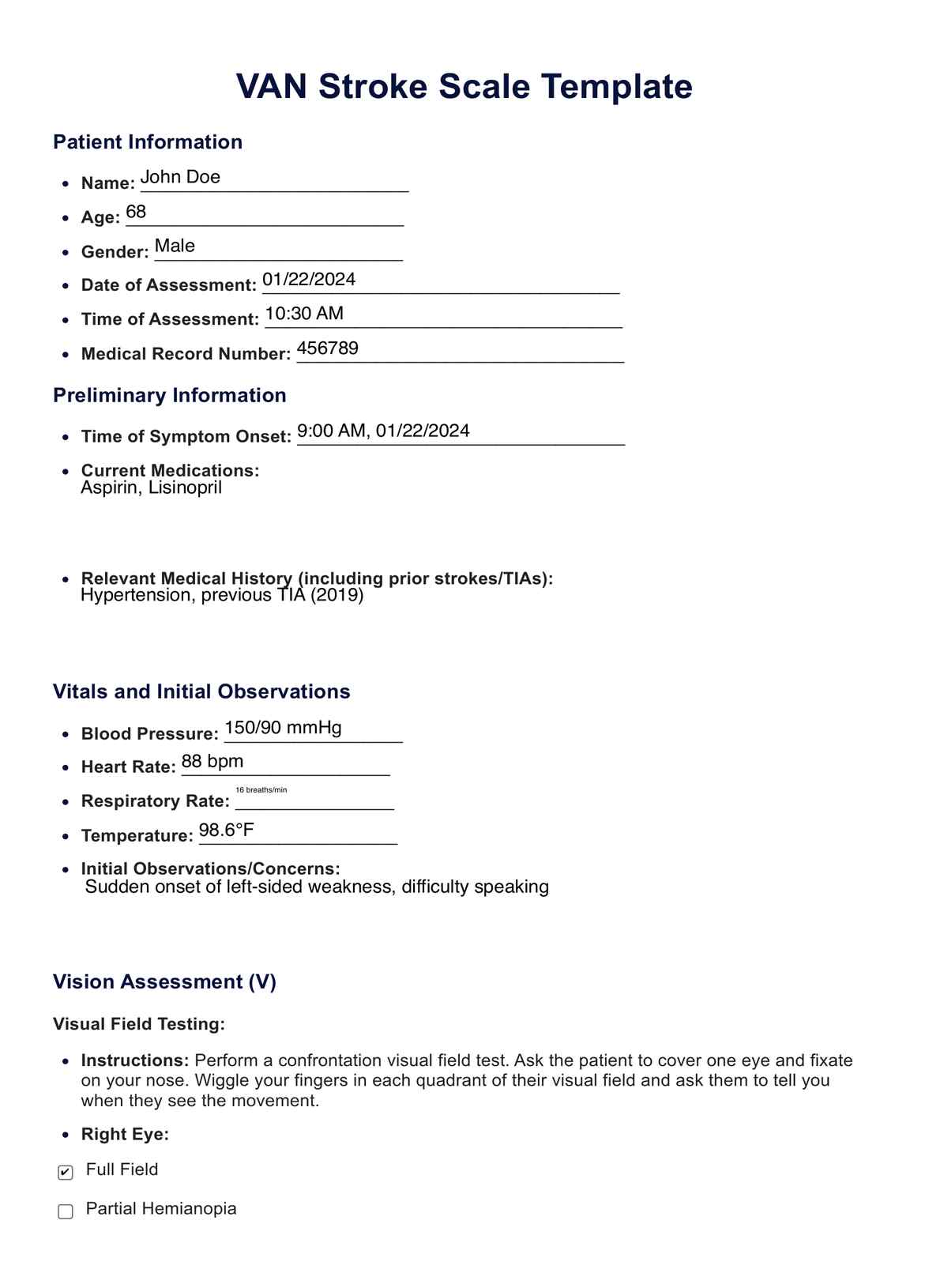 Escala de VAN de accidente cerebrovascular (visión, afasia, negligencia ...