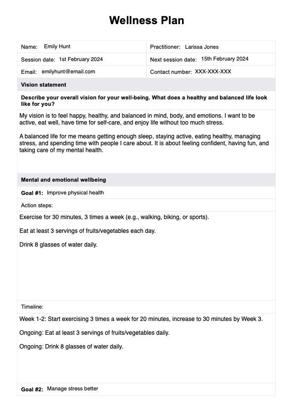 Wellness Plan Template Example Free PDF Download